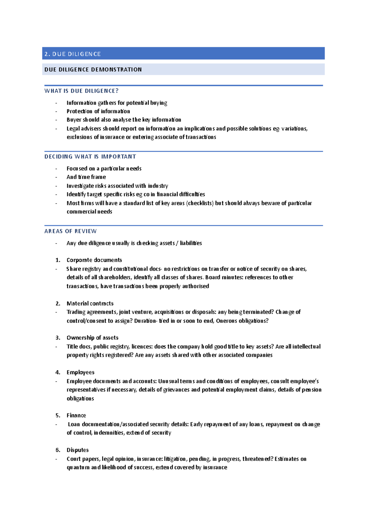 WS2. Due Diligence Overview and Key Considerations - Studocu