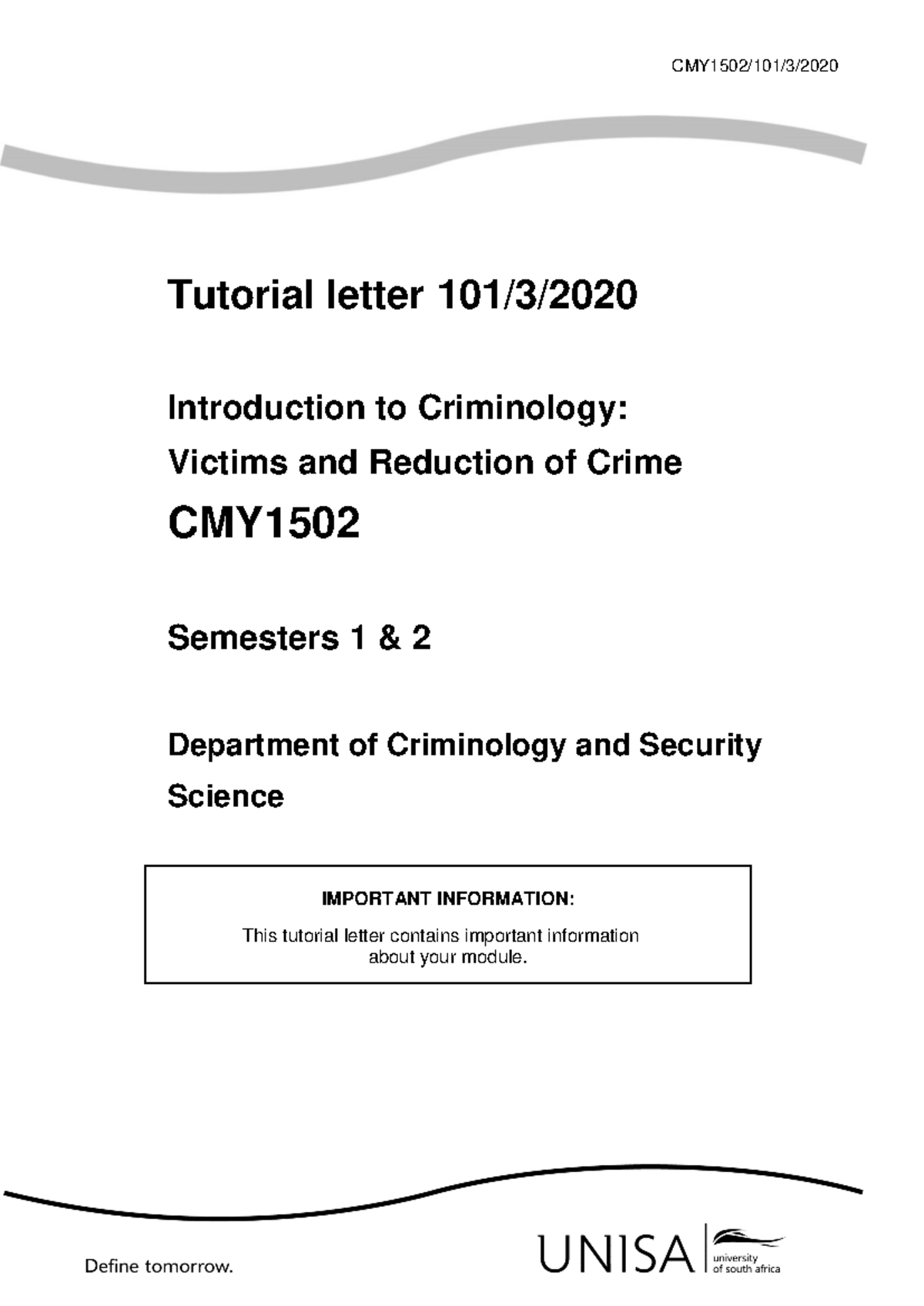 CMY1502 Tutorial Letter: Victims & Crime Reduction Overview - Studocu