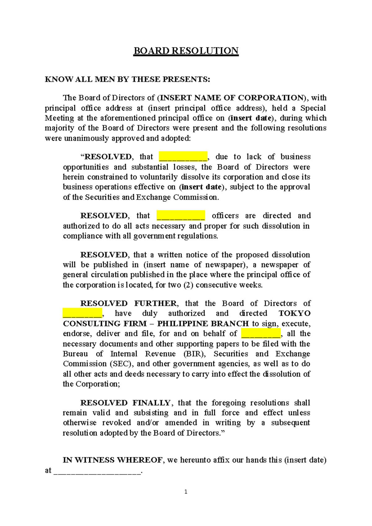 BOARD RESOLUTION FOR VOLUNTARY DISSOLUTION OF CORPORATION - Studocu