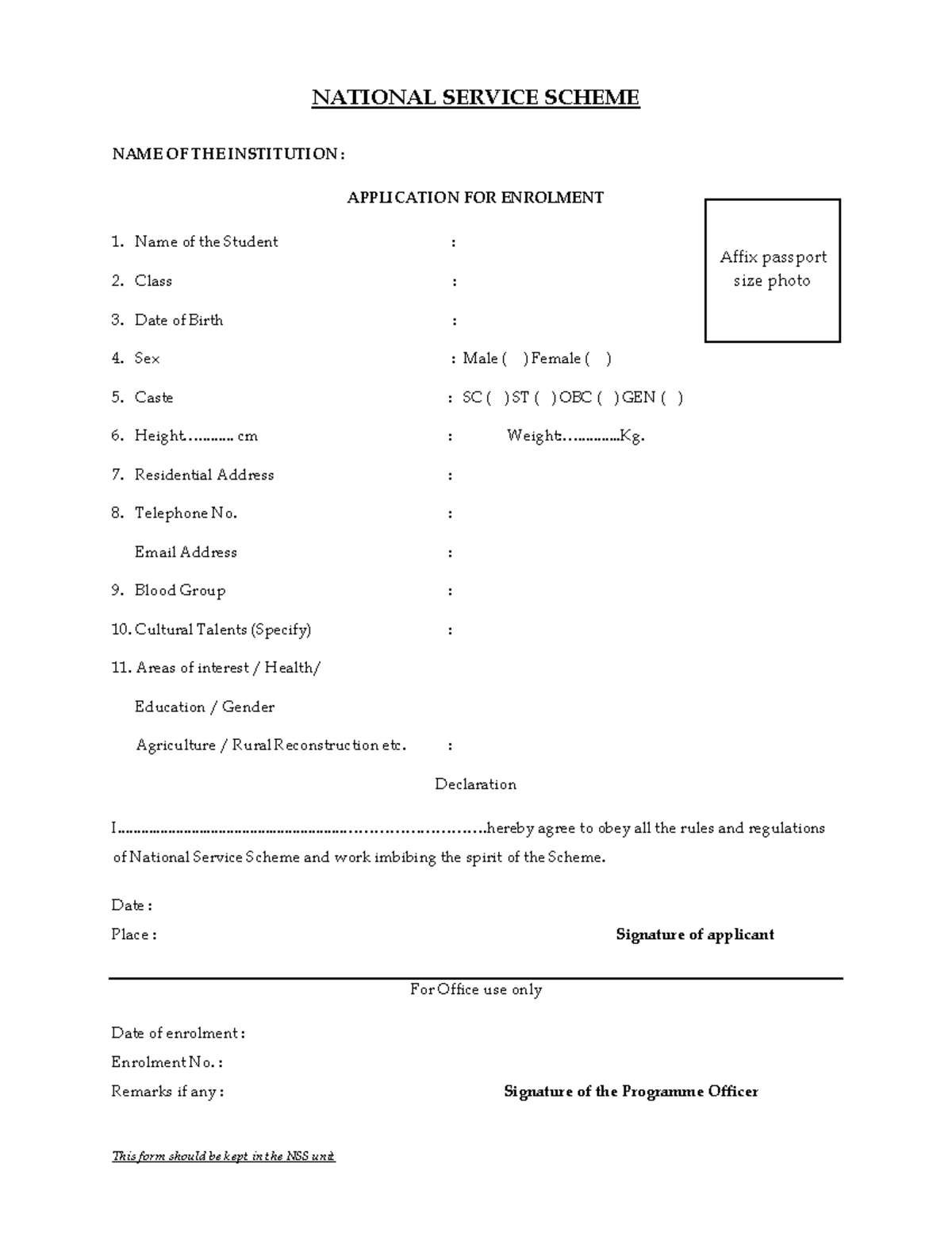 NSS Enrolment Form - National Service Scheme Application - Studocu