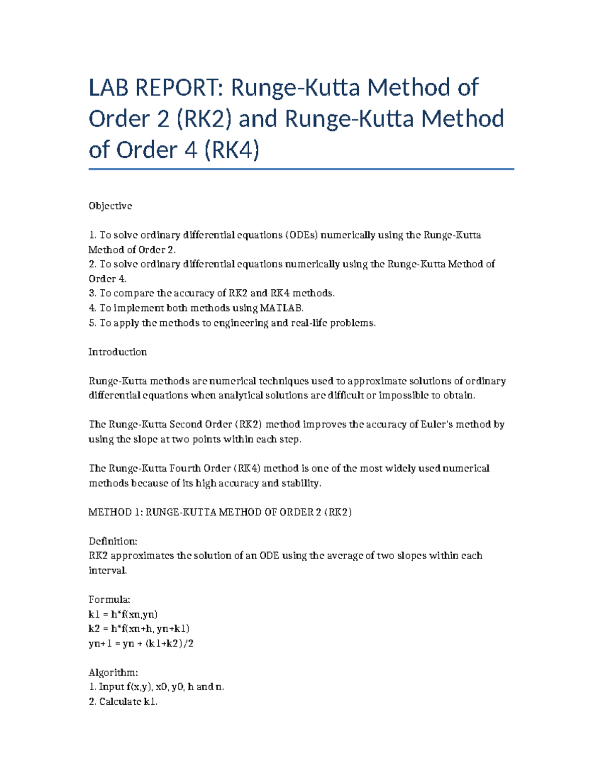 RK2 & RK4 Lab Report: Numerical ODE Solutions & Comparisons - Studocu