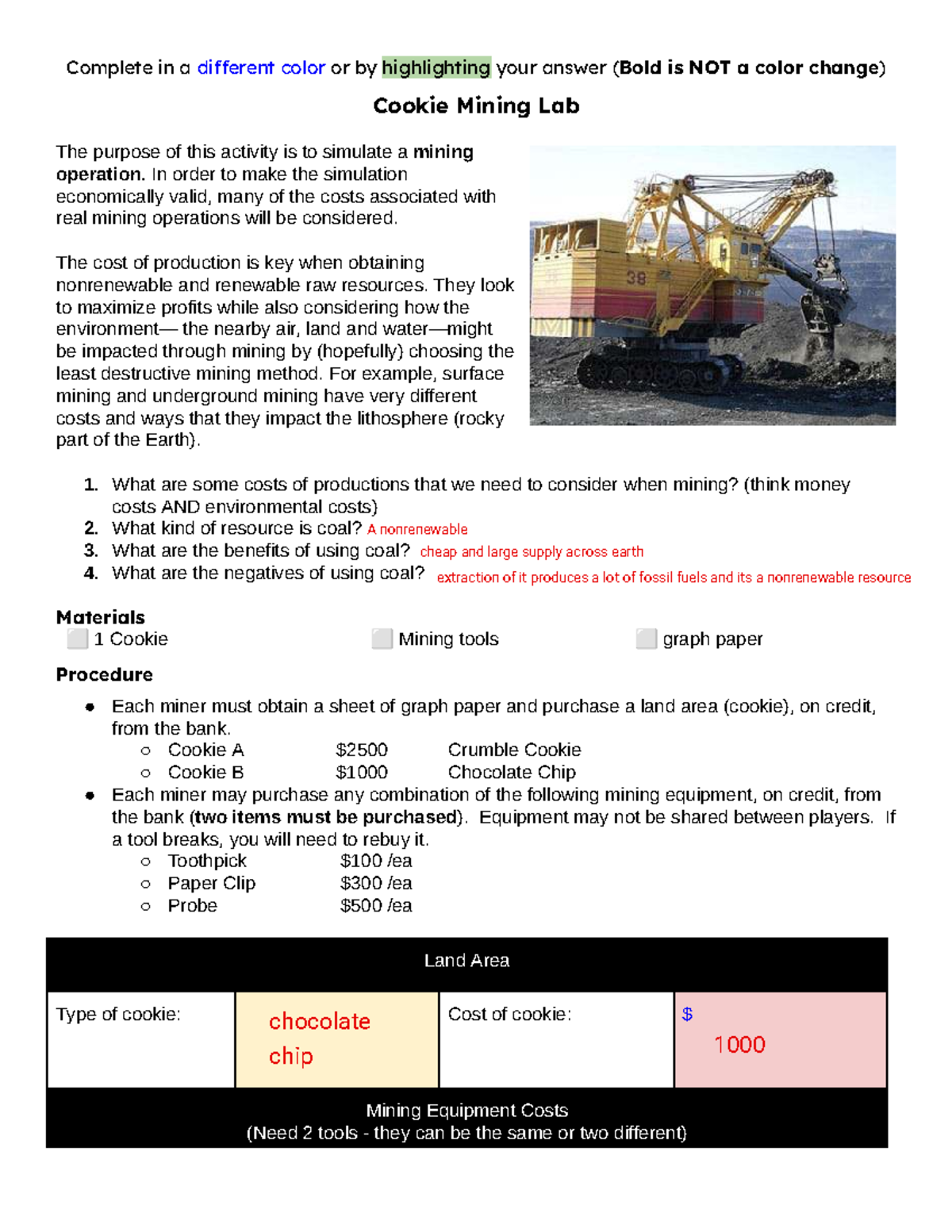 Cookie Mining Lab: Economic and Environmental Impacts (AP) - Studocu