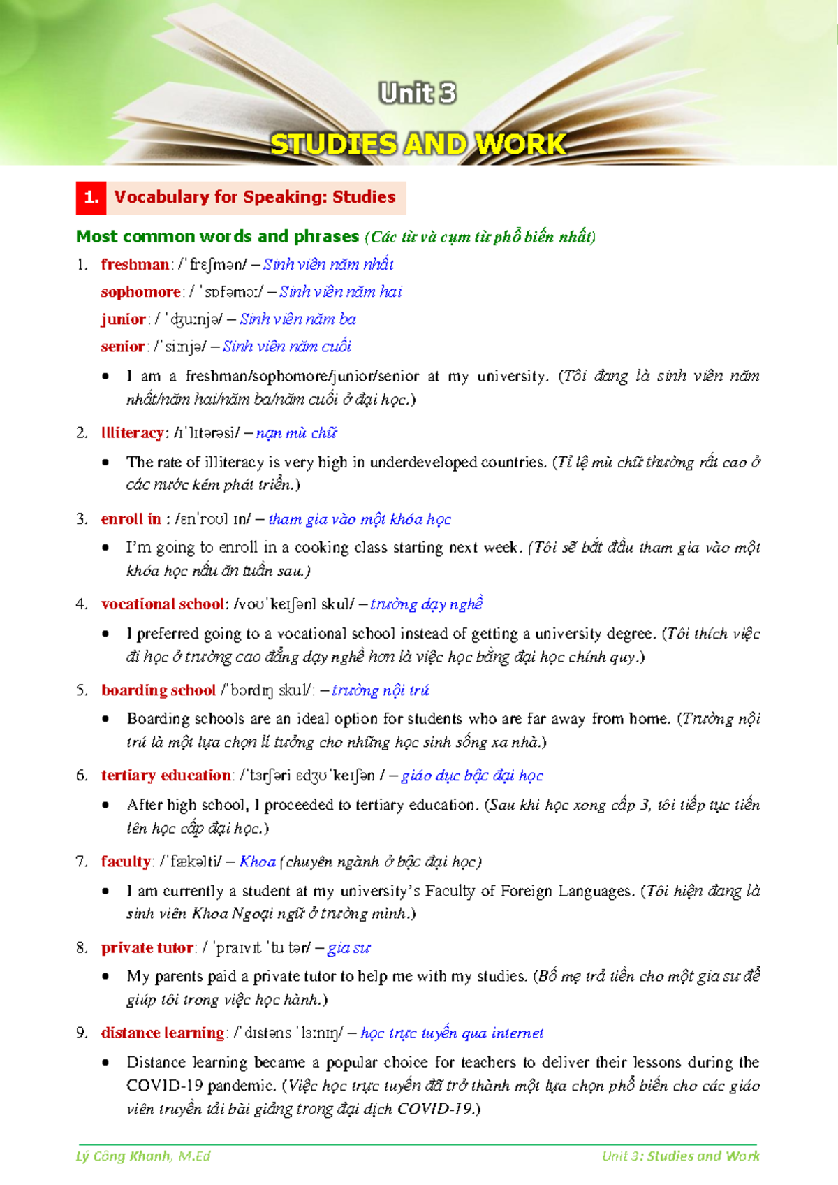 Speaking 3 - Unit 3: Vocabulary on Studies and Work - Studocu