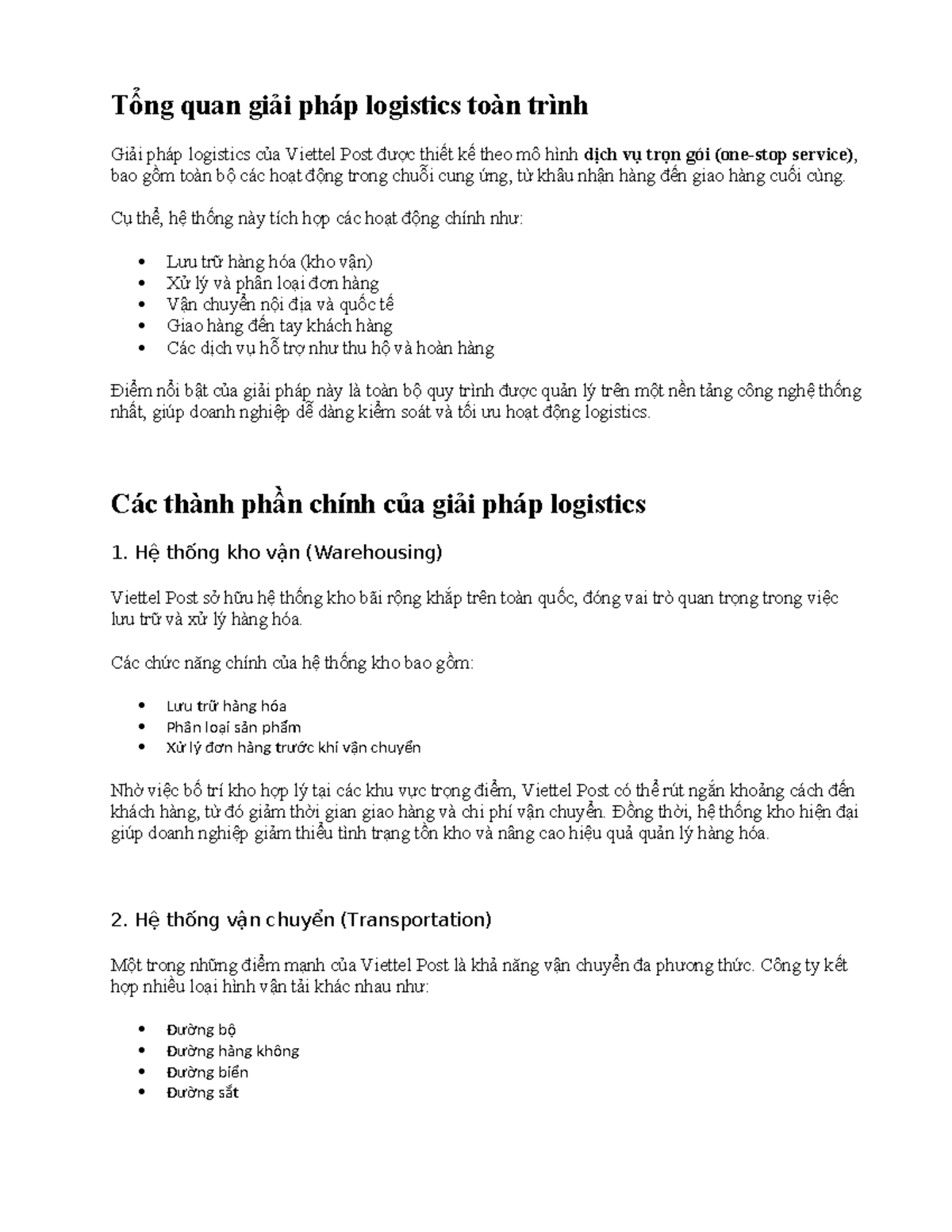 Tổng quan Giải pháp Logistics Toàn trình Viettel Post - Studocu