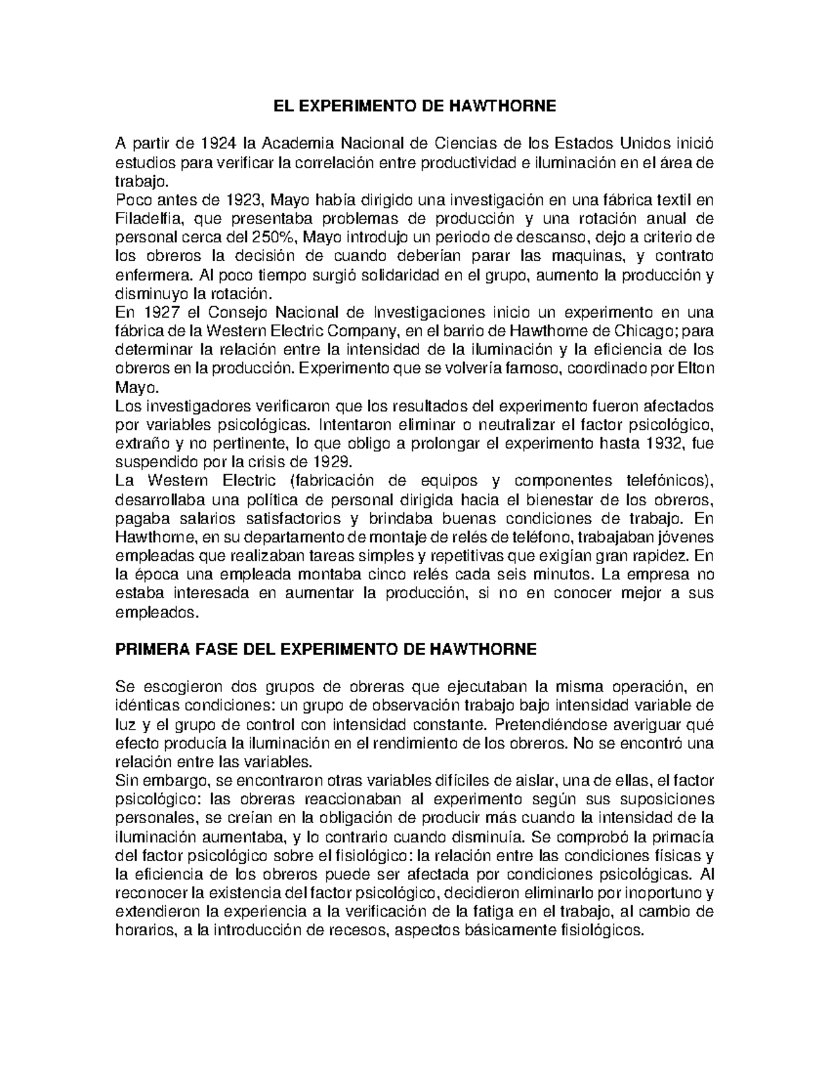 Estudio del Experimento de Hawthorne en el Contexto Laboral - Studocu