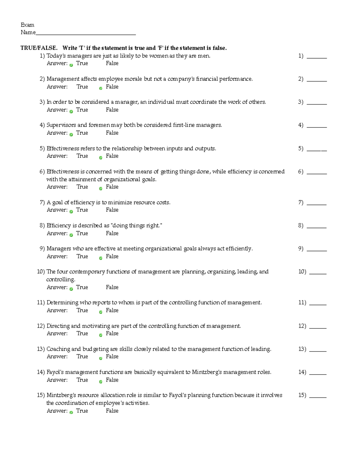 MGT101 Chapter 1 True/False Review Questions and Answers - Studocu