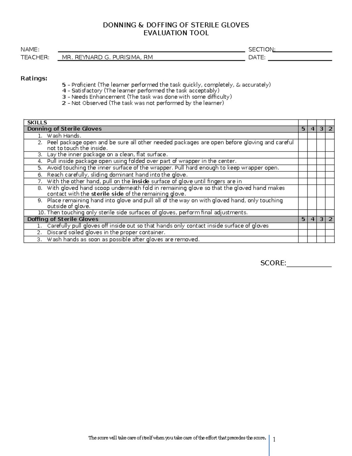 Donning & Doffing of Sterile Gloves Evaluation Tool (Nursing) - Studocu