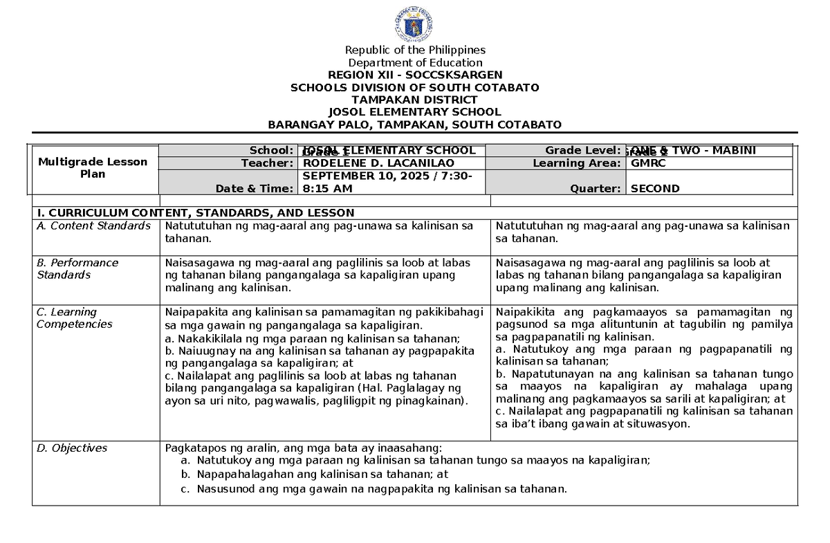 Multigrade Lesson Plan for Grade 1: Kalinisan sa Tahanan (COT DEC 11 ...