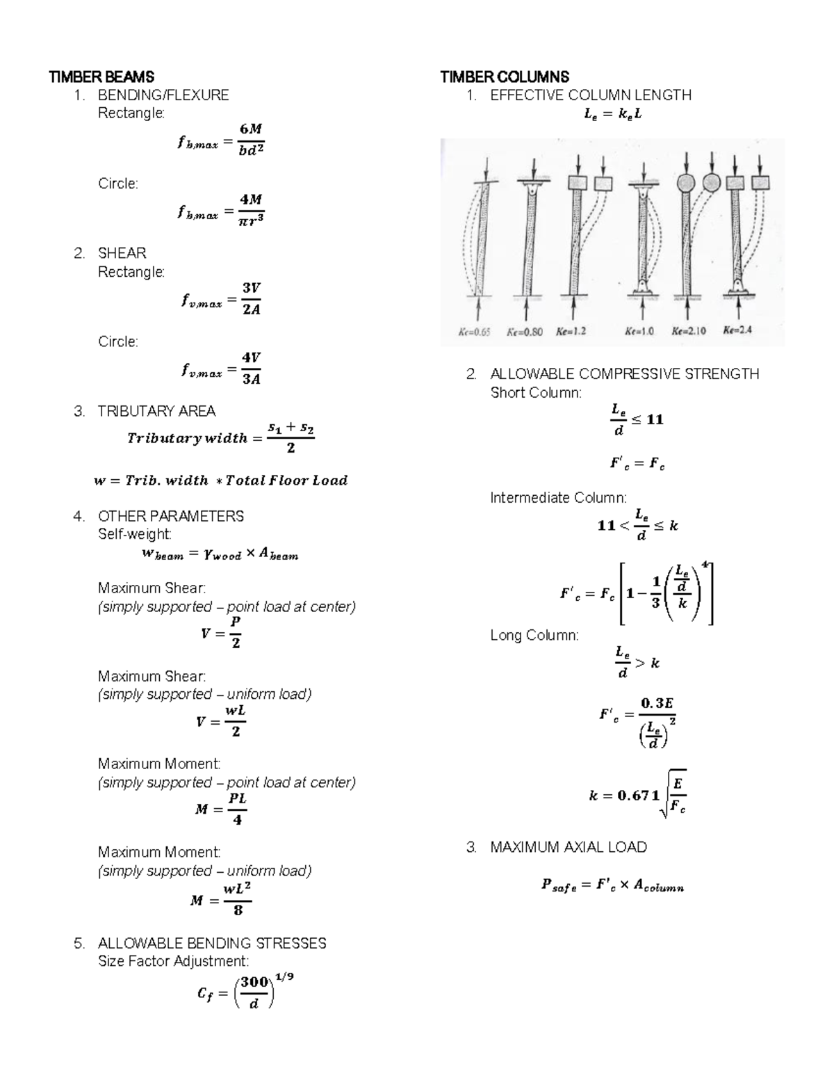 STD Formulas - TIMBER BEAMS 1. BENDING/FLEXURE Rectangle: 𝒇𝒃,𝒎𝒂𝒙 = 𝟔𝑴 ...