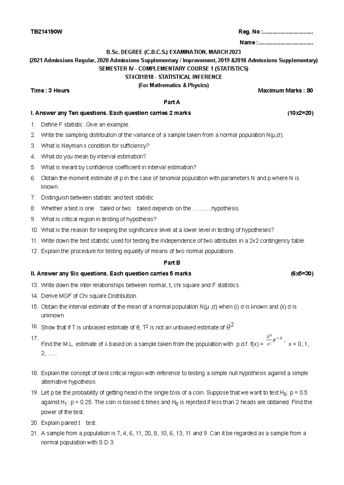 Combined Statistical Inference Question Papers - TB214190W Reg. No