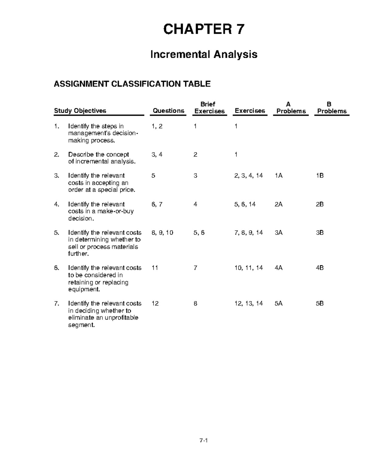Incremental Analysis - CHAPTER 7 Incremental Analysis ####### ASSIGNMENT CLASSIFICATION TABLE ...