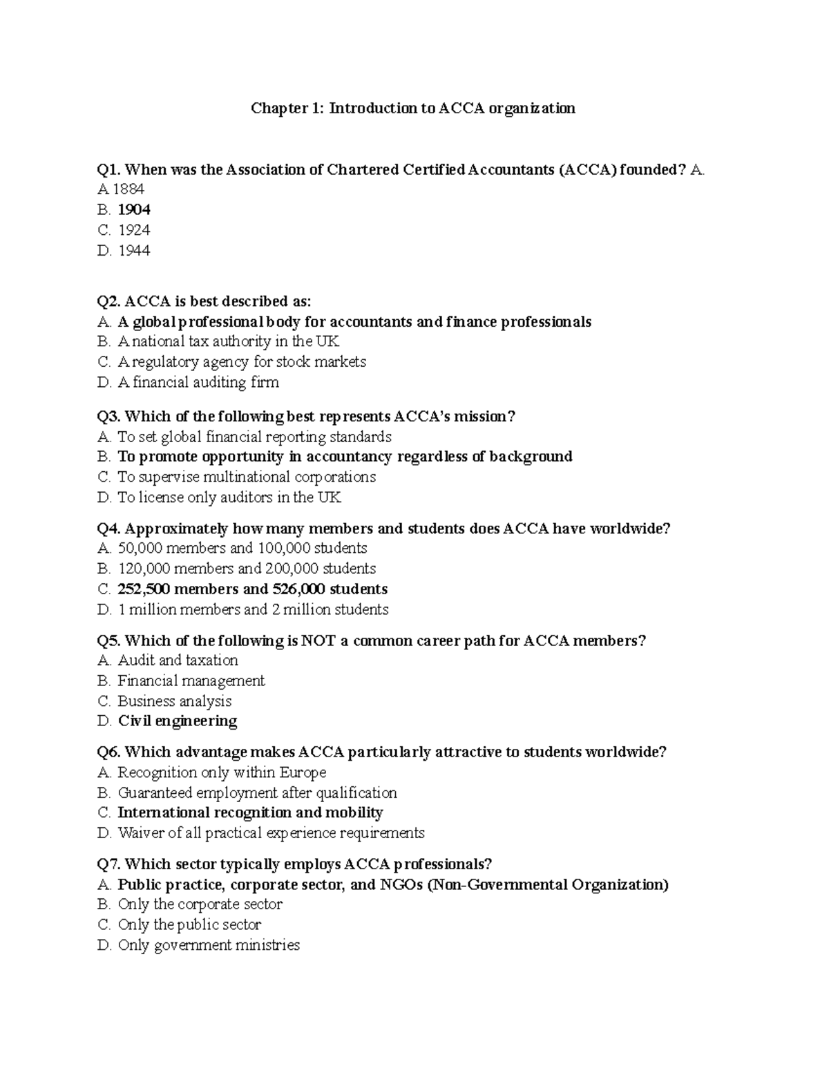 Chapter 1: Introduction to ACCA Organization - MCQs and Key Concepts ...