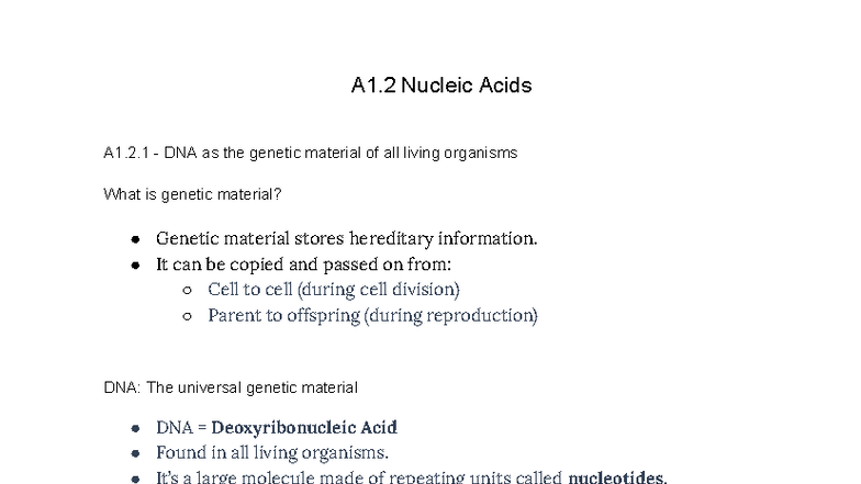 IB Biology A1.2 Nucleic Acids: DNA as Genetic Material Overview - Studocu