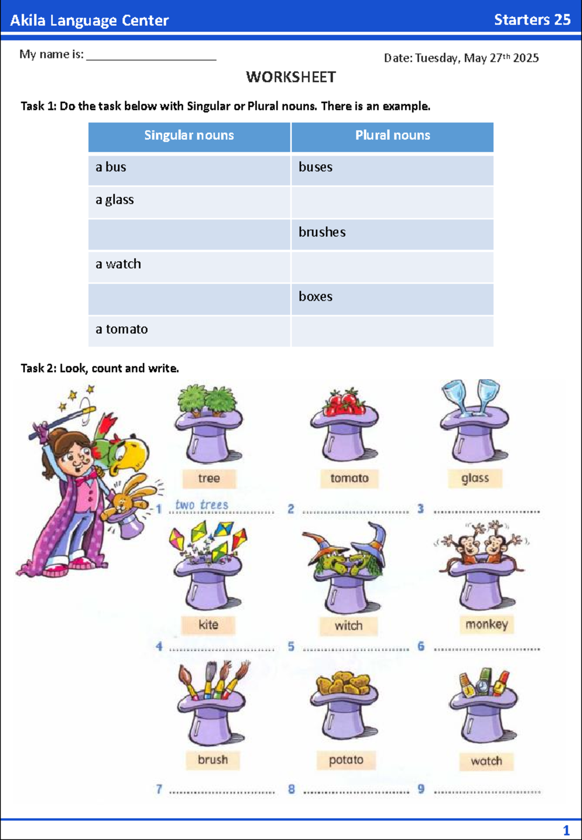 S25-27.05.25 Worksheet on Singular & Plural Nouns and Prepositions ...