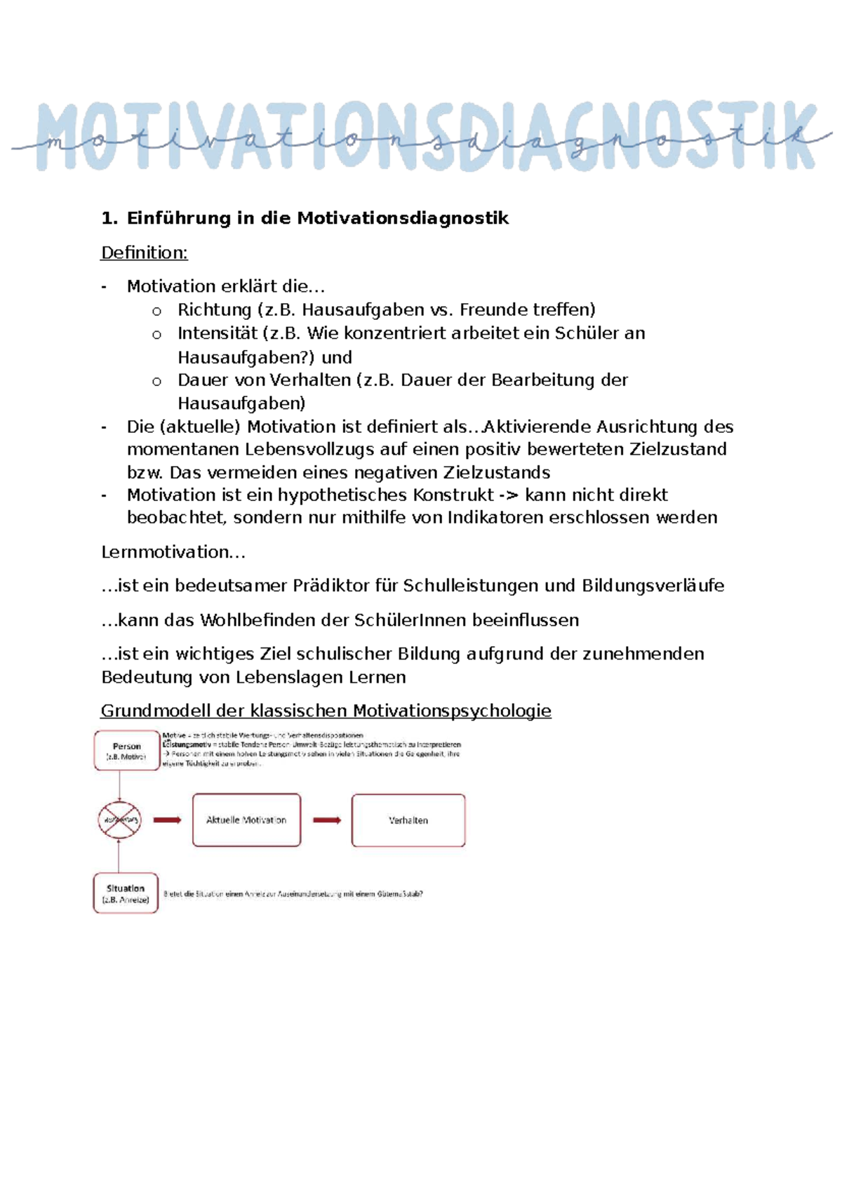 Lernzettel zur Motivationsdiagnostik: Grundlagen und Interventionen ...