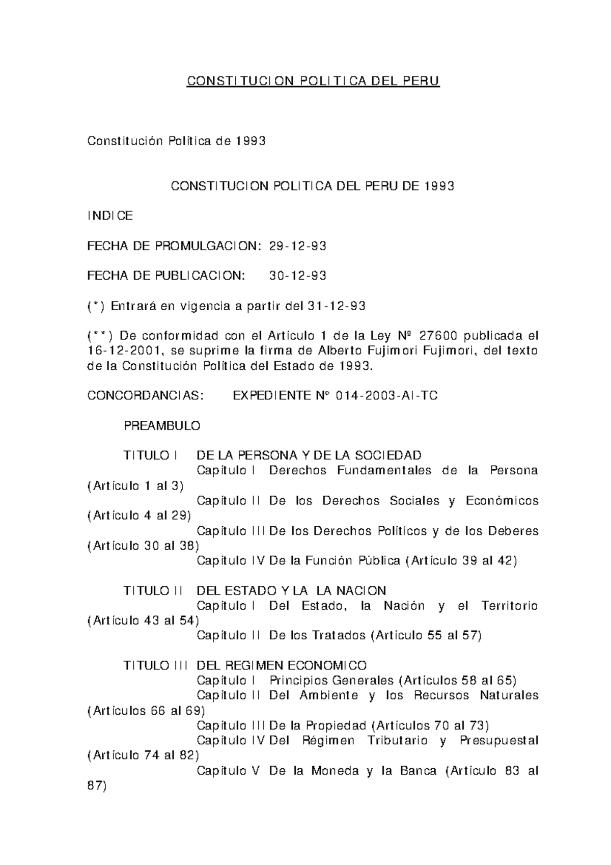 Constitución Política del Perú de 1993: Análisis y Estructura - Studocu