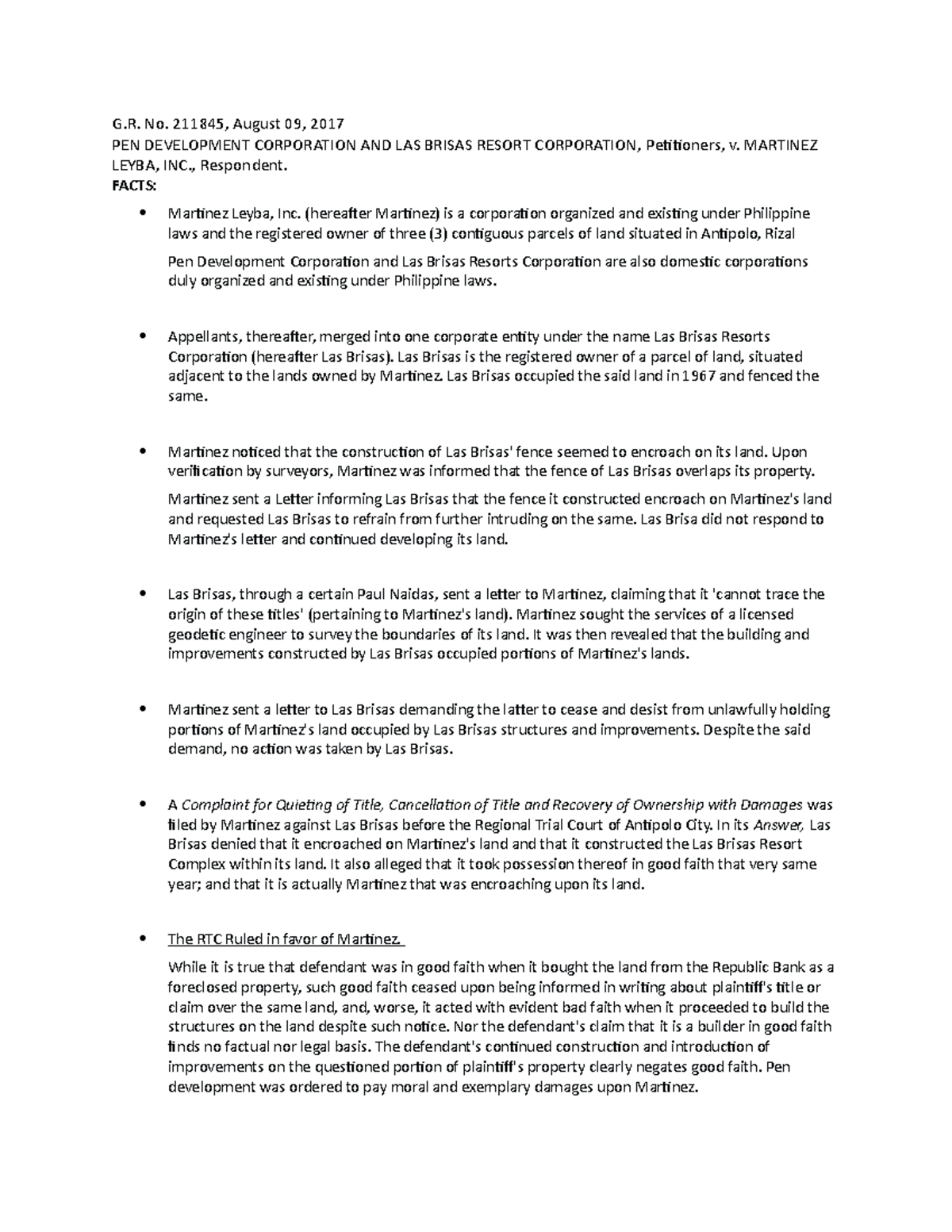 PEN DEVELOPMENT CORPORATION and LAS BRISAS RESORT CORPORATION, v. Leyba ...