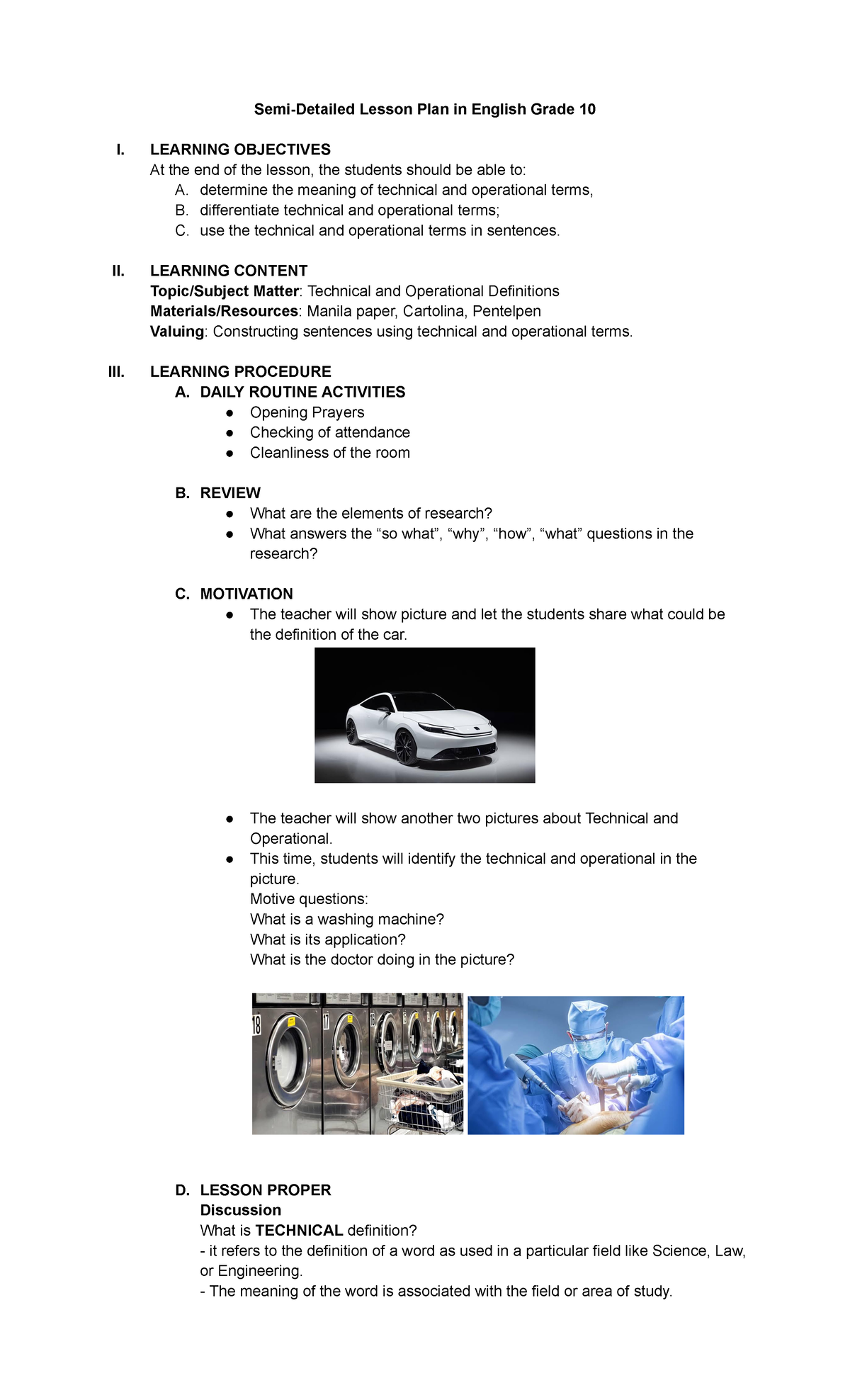 Technical LP - Semi LP - Semi-Detailed Lesson Plan in English Grade 10 ...