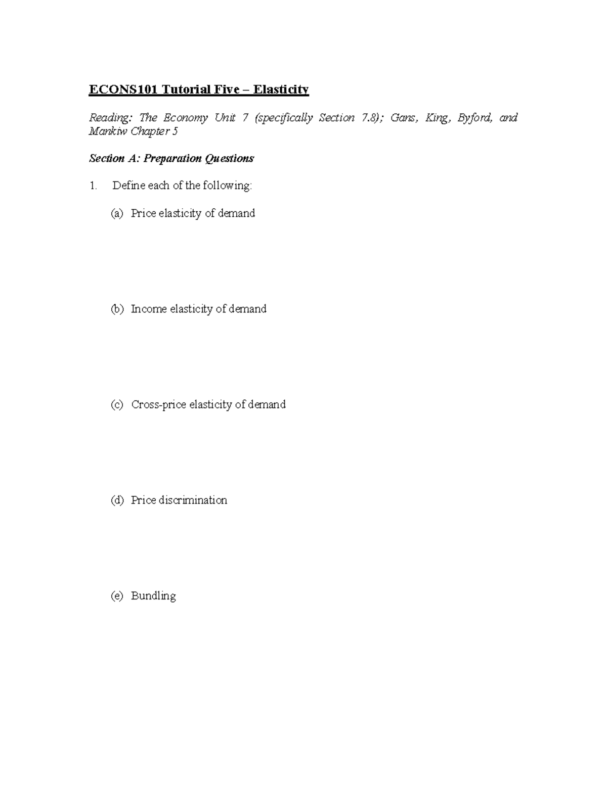ECONS101 Tutorial 05: Elasticity Concepts and Pricing Strategies - Studocu