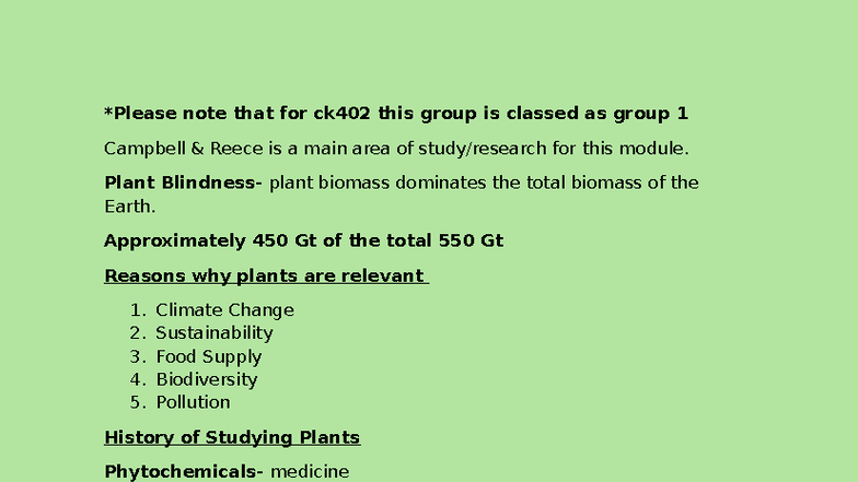 BL1004 - Lecture Notes on Plant Biology and Photosynthesis - Studocu