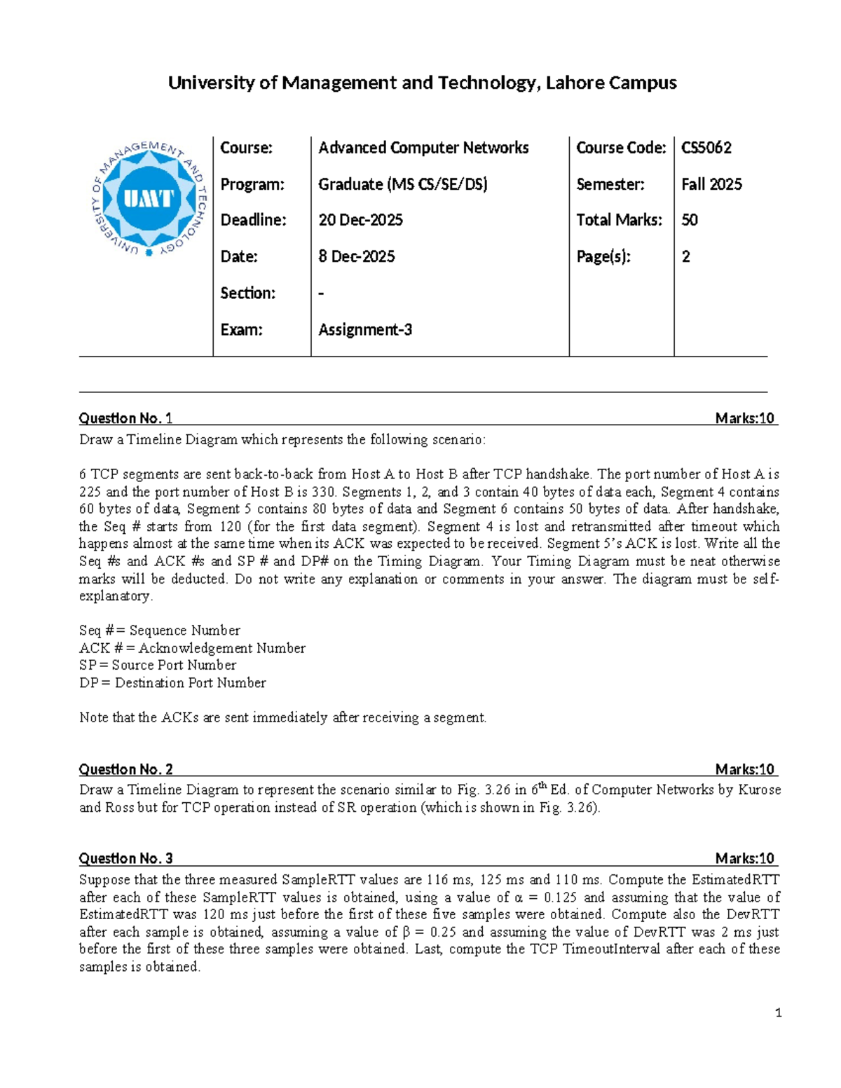 CS5062 - Advanced Computer Networks Assignment #3 Notes - Studocu