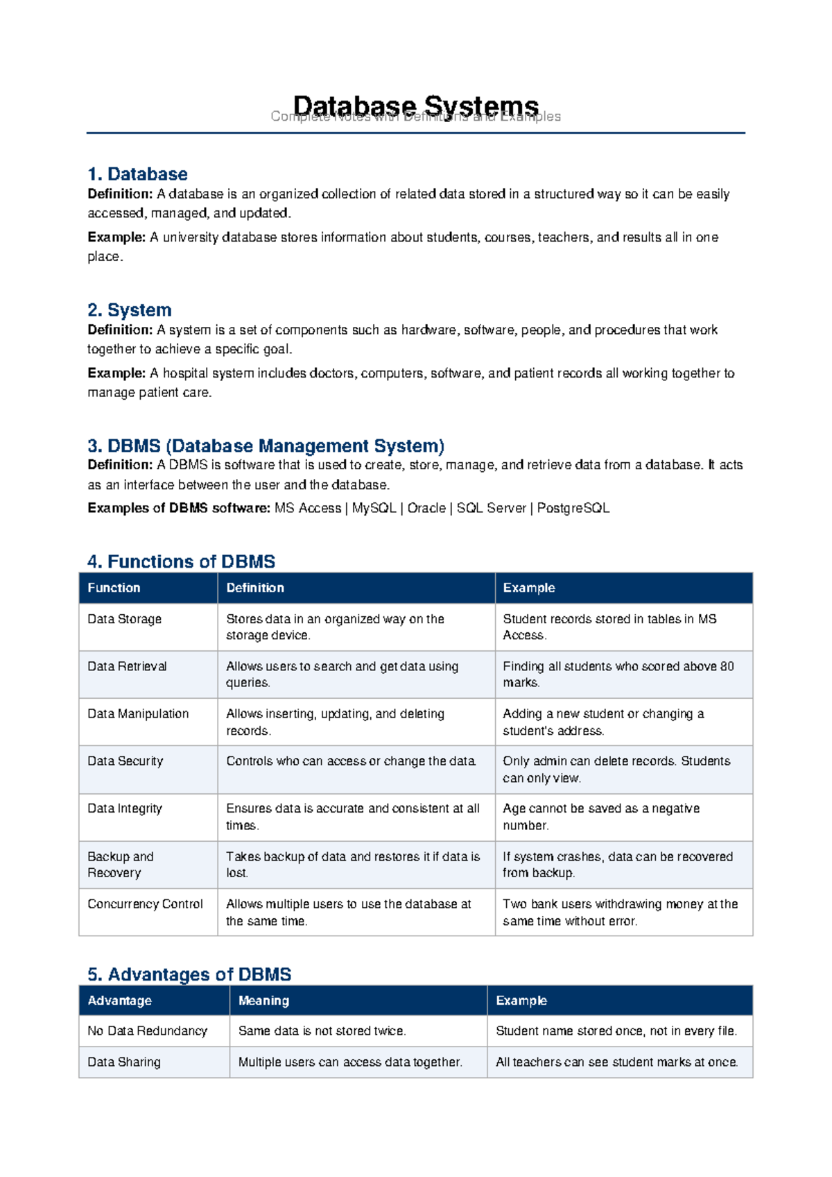 Database Systems Notes (CS101) - Definitions, Examples & Normalization ...
