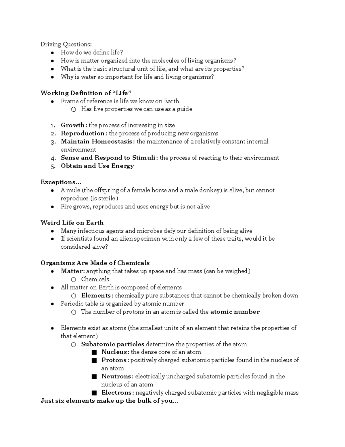 BI100 Chapter 2: Chemistry of Life - Driving Questions: How do we ...