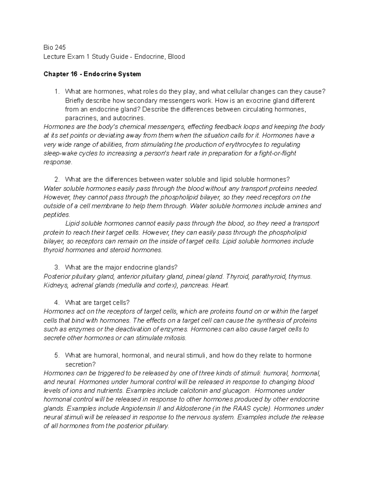 Bio 245 Lecture Exam 1 Study Guide: Endocrine System & Blood - Studocu
