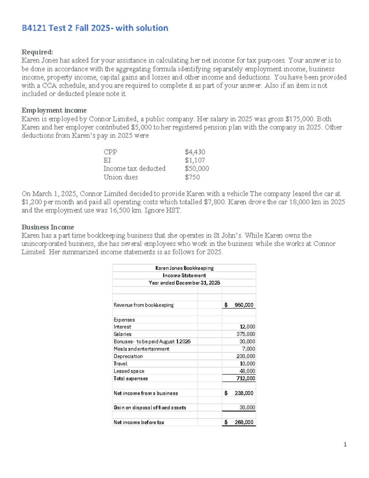 B4121 Test 2 Fall 2025: Net Income Calculation with Solutions - Studocu