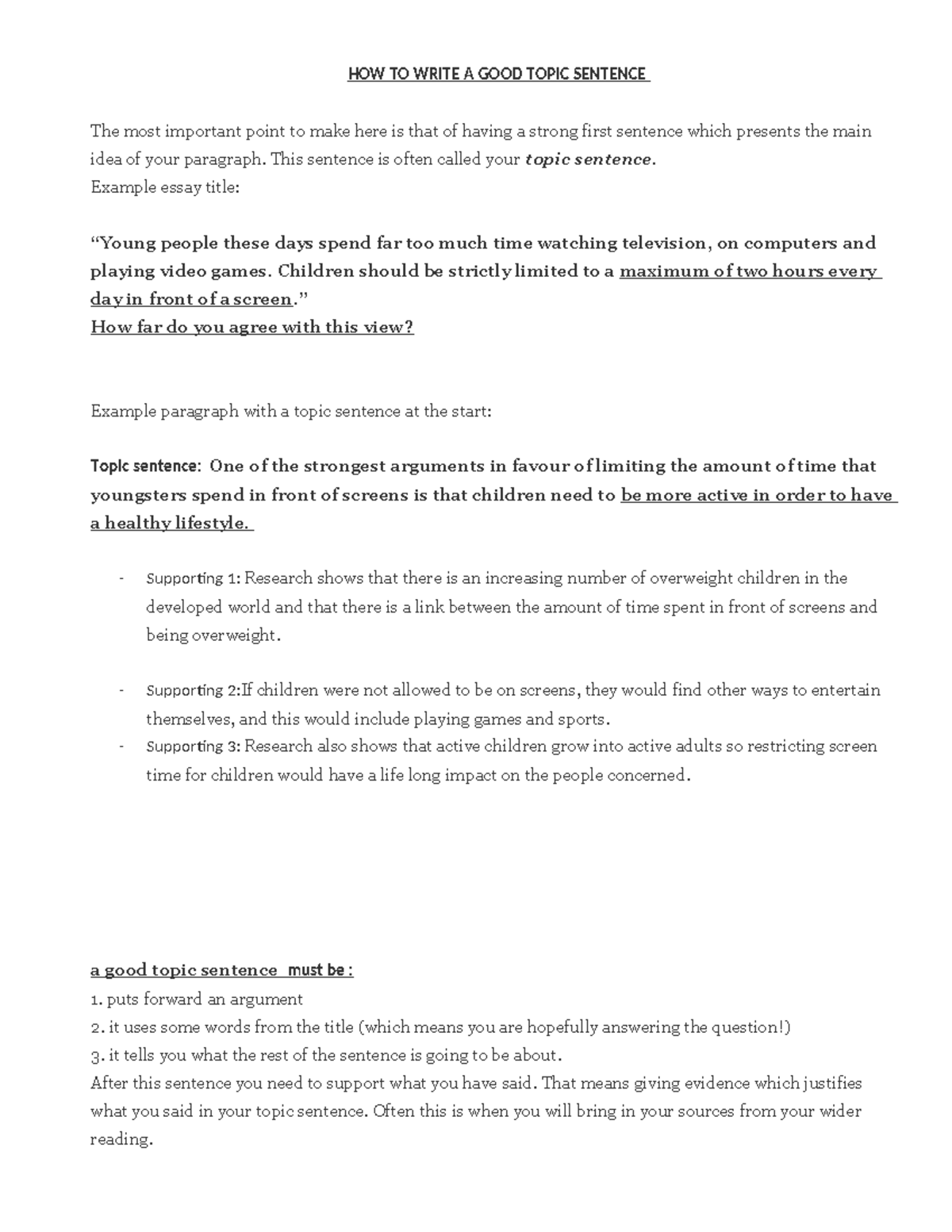 Writing Good Topic Sentences: A Guide to Effective Essays - Studocu