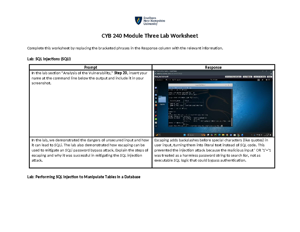 CYB 240 Module 3 Lab: SQL Injections & Security Analysis - Studocu
