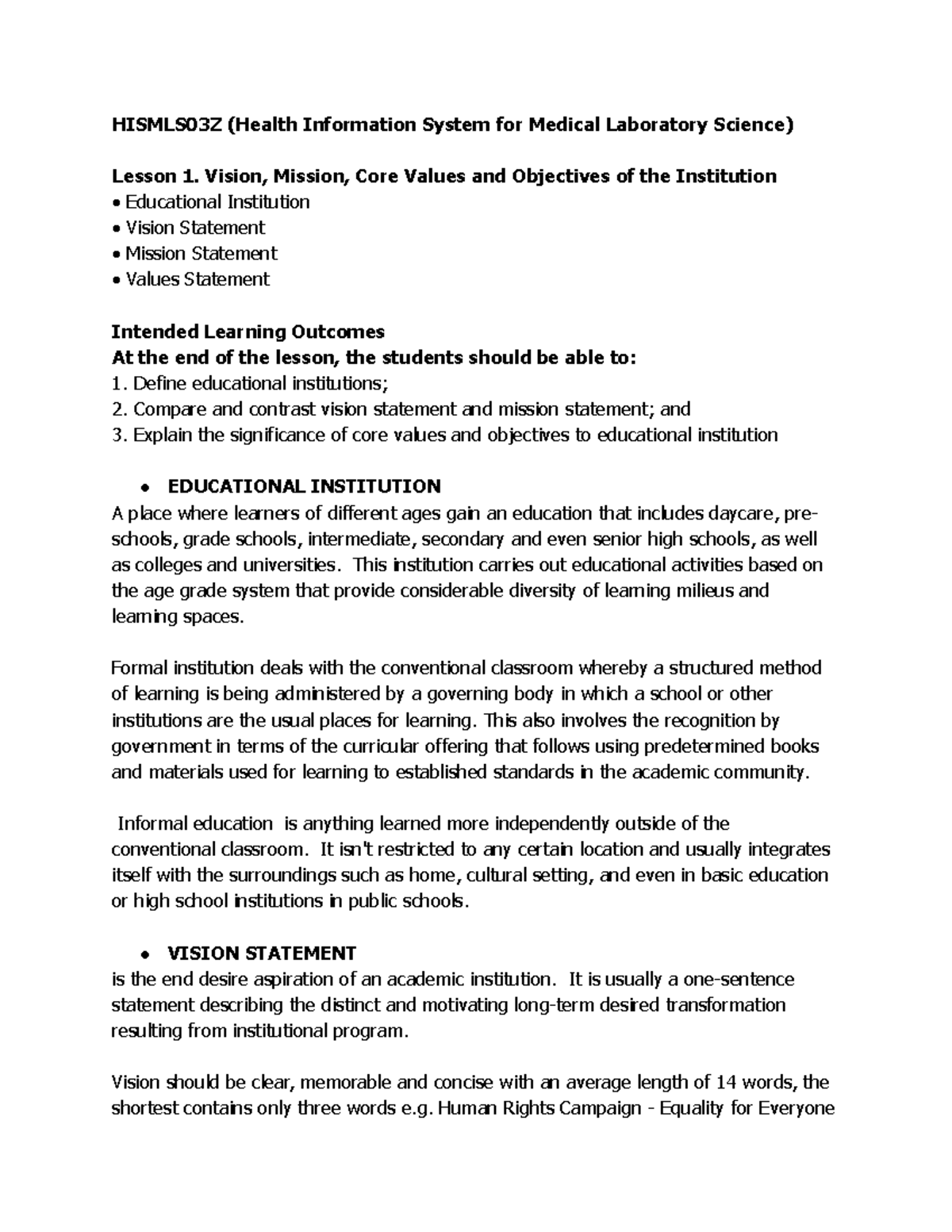 Hismls03z Lesson 1 Vision Mission Values Objectives In Medical Lab