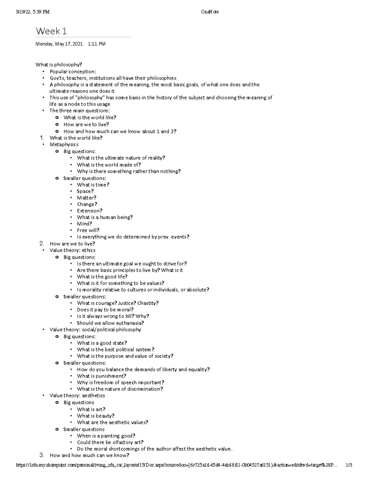 Phil week 1 - Lecture notes 1 - 3/29/22, 5:39 PM OneNote - Studocu