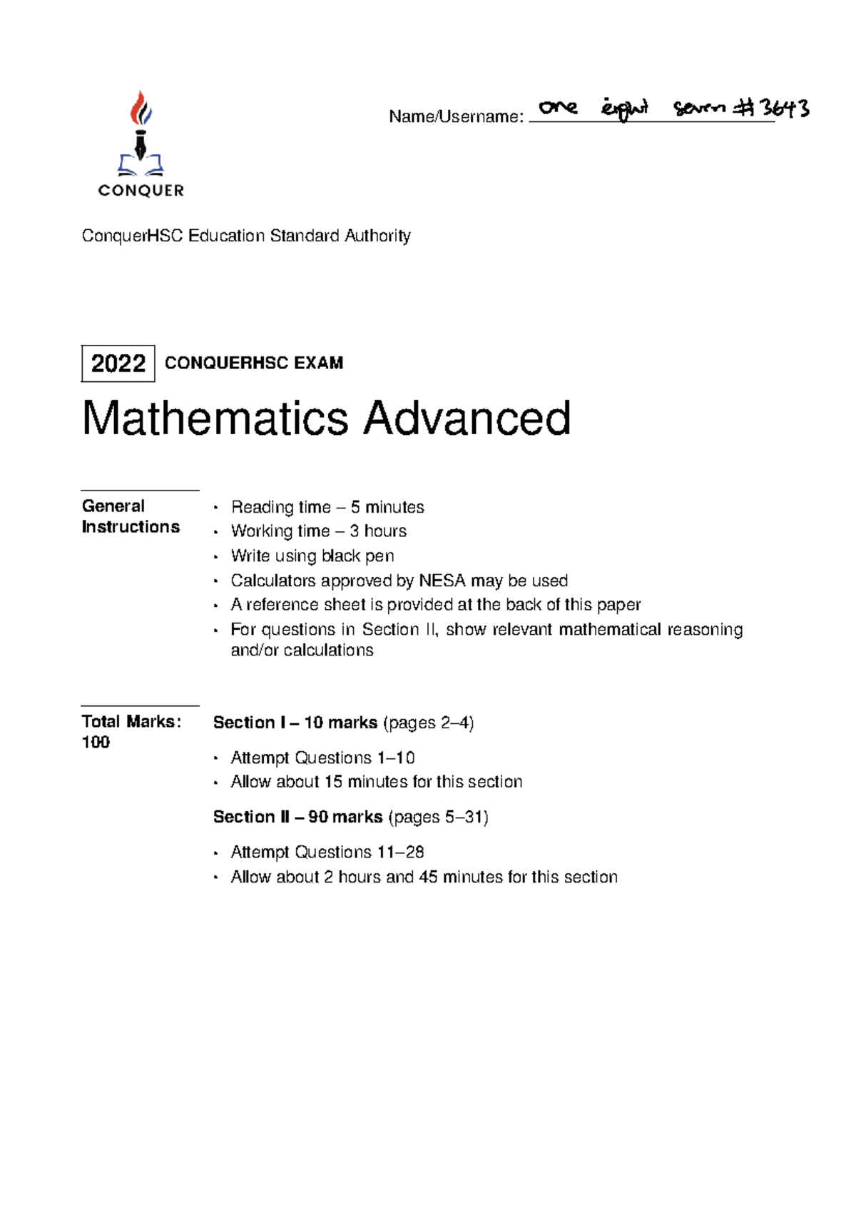 Conquer HSC 2U - Mathematics Advanced Sample Exam 2022 - Studocu