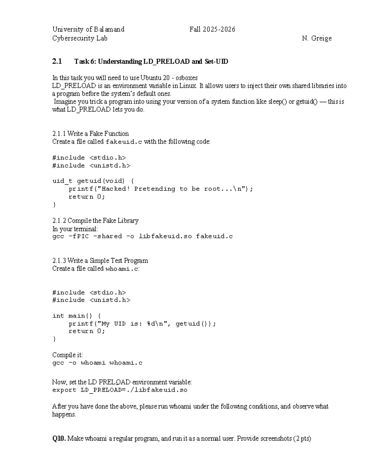 University of Balamand Cybersecurity Lab 2.1 Fall N. Greige Task 6: LD_PRELOAD - Studocu