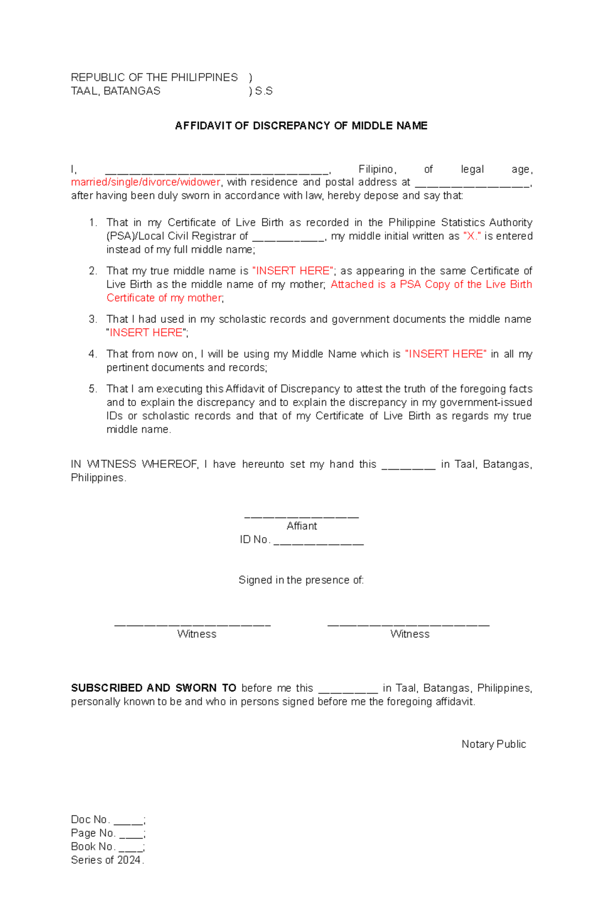 Affidavit of Discrepancy of Middle Name Template - Legal Document - Studocu
