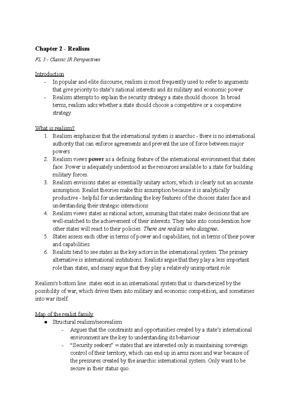 Chapter 2 & 6 Summary: Realism & Social Constructivism in IR (PSIS ...