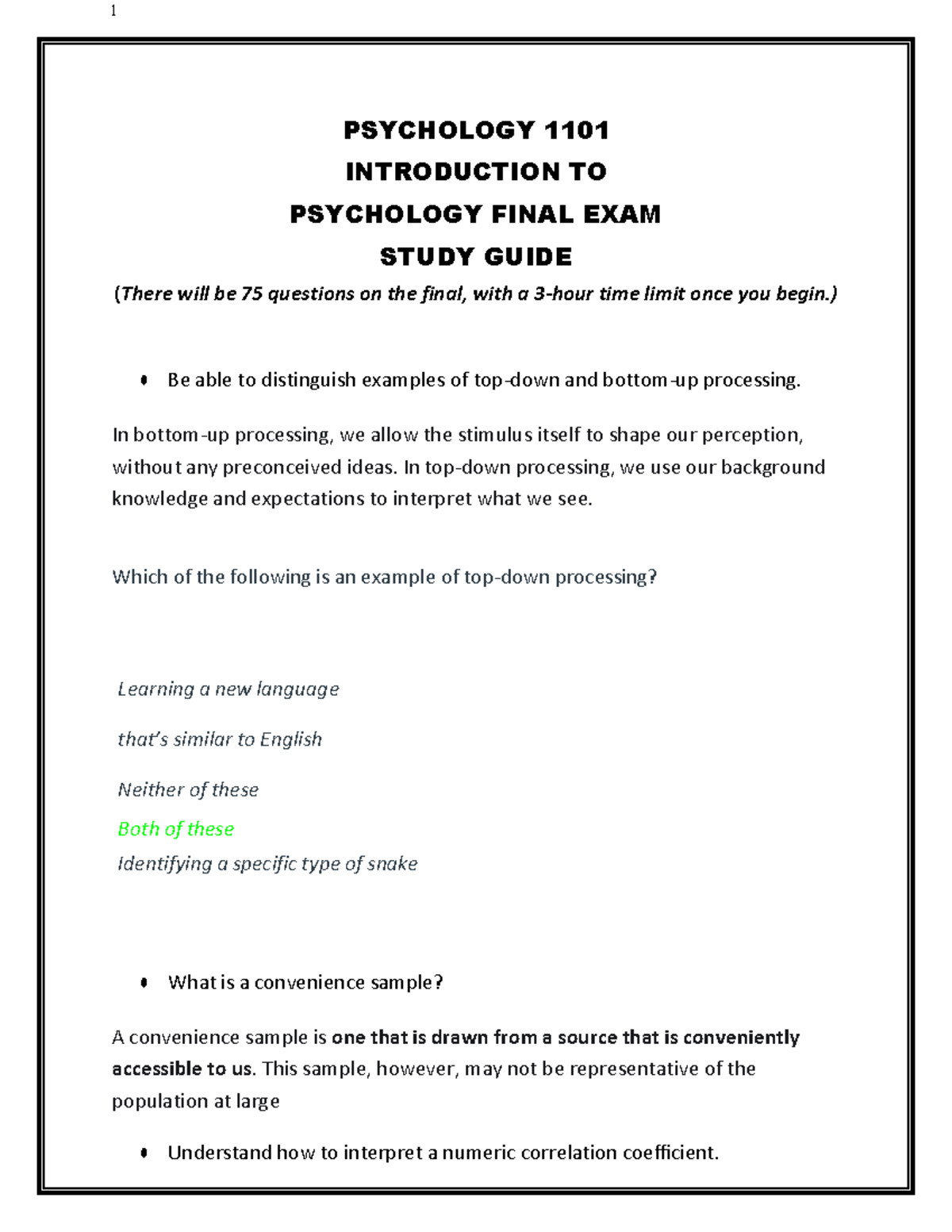 Psychology 1101 Final Exam Study Guide: Key Concepts & Review - Studocu