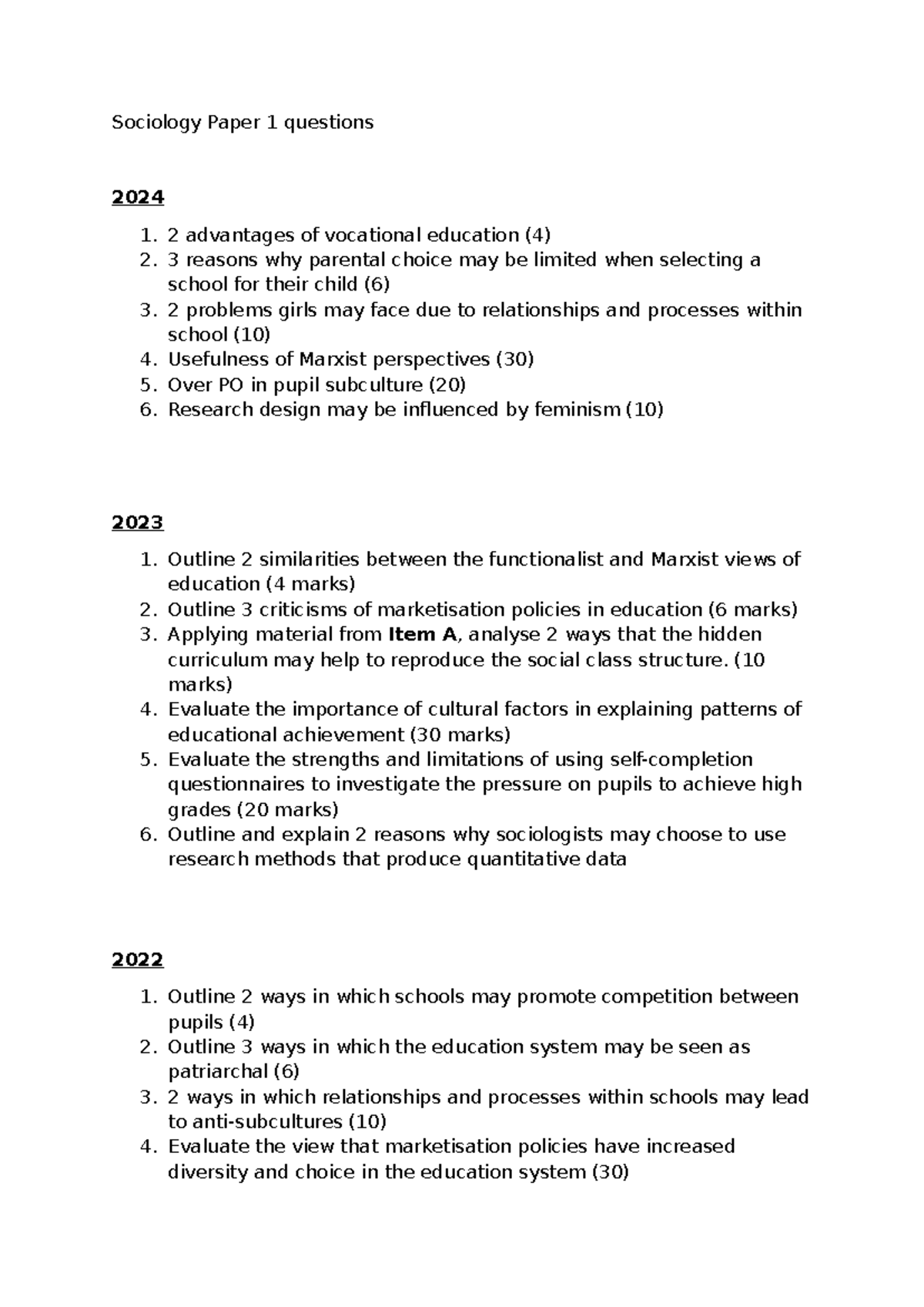 Sociology Paper 1 Exam Questions 2024: Key Topics & Issues - Studocu