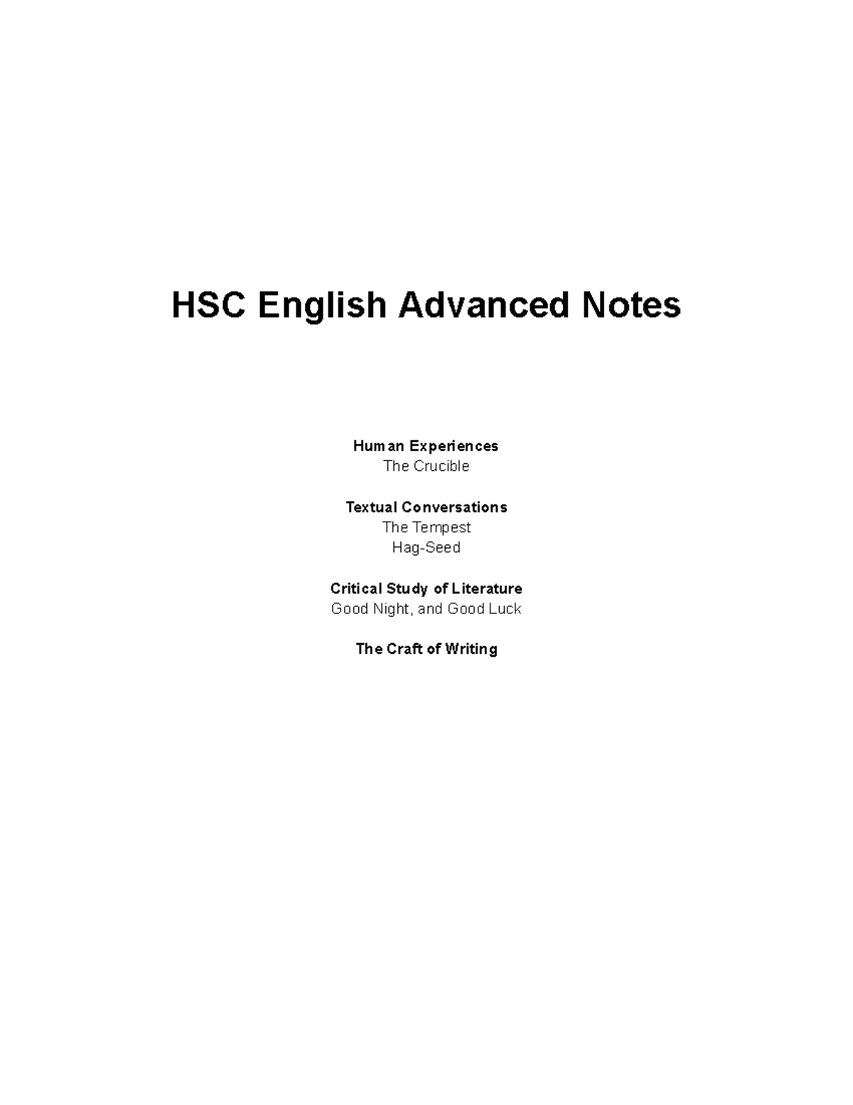 HSC English Advanced Notes Human Experiences The Crucible Textual ...