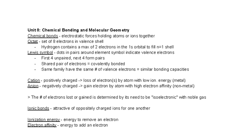 CHEM104 Unit 8: Chemical Bonding & Molecular Geometry Study Guide - Studocu