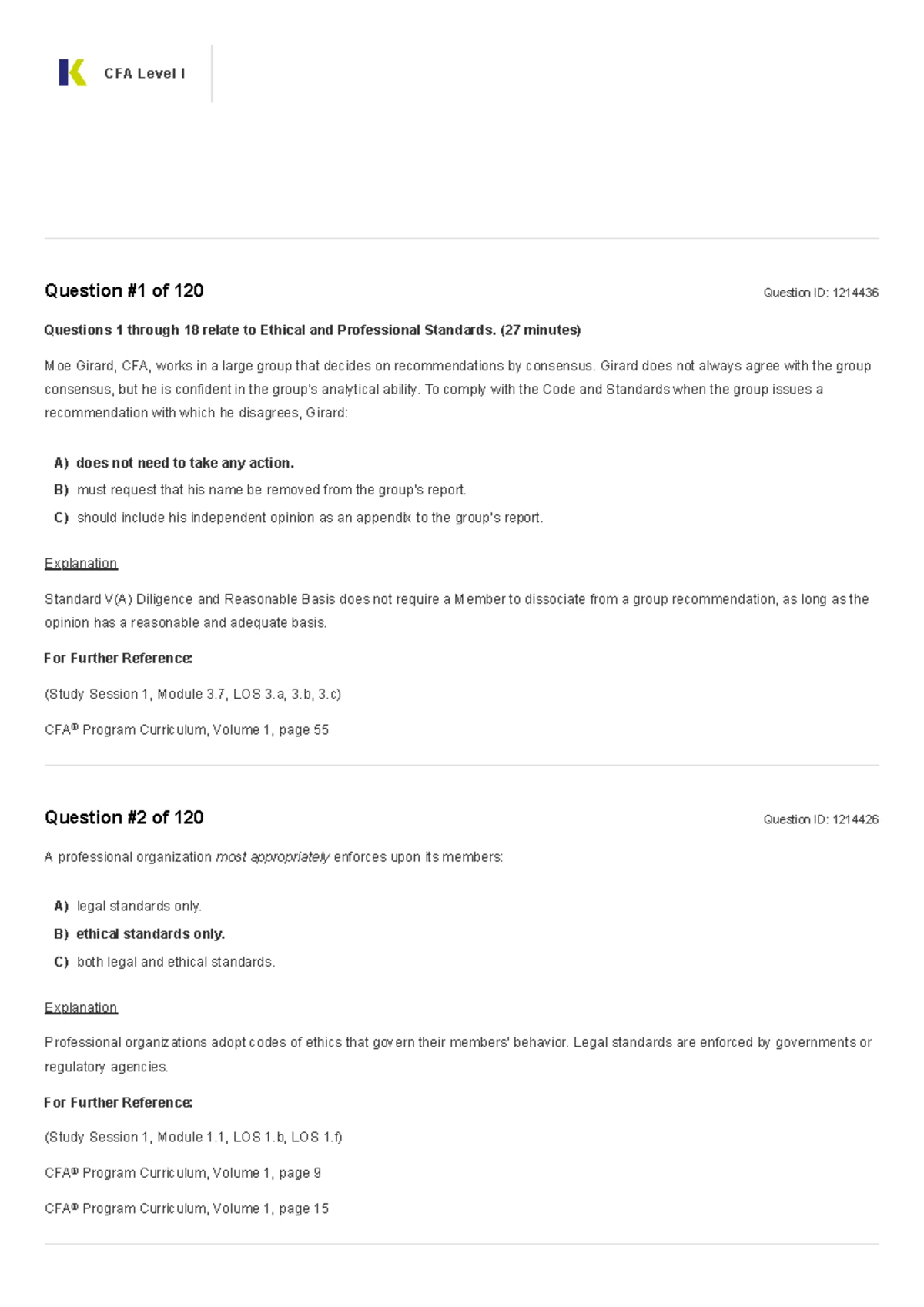 V2 Exam 2 AM - Answers - CFA Level I - Question #1 of 120 Question ID ...
