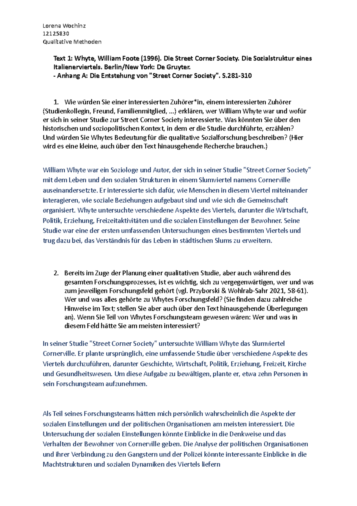 Qualitative Methoden (12125830): Analyse der Studien von William Whyte ...