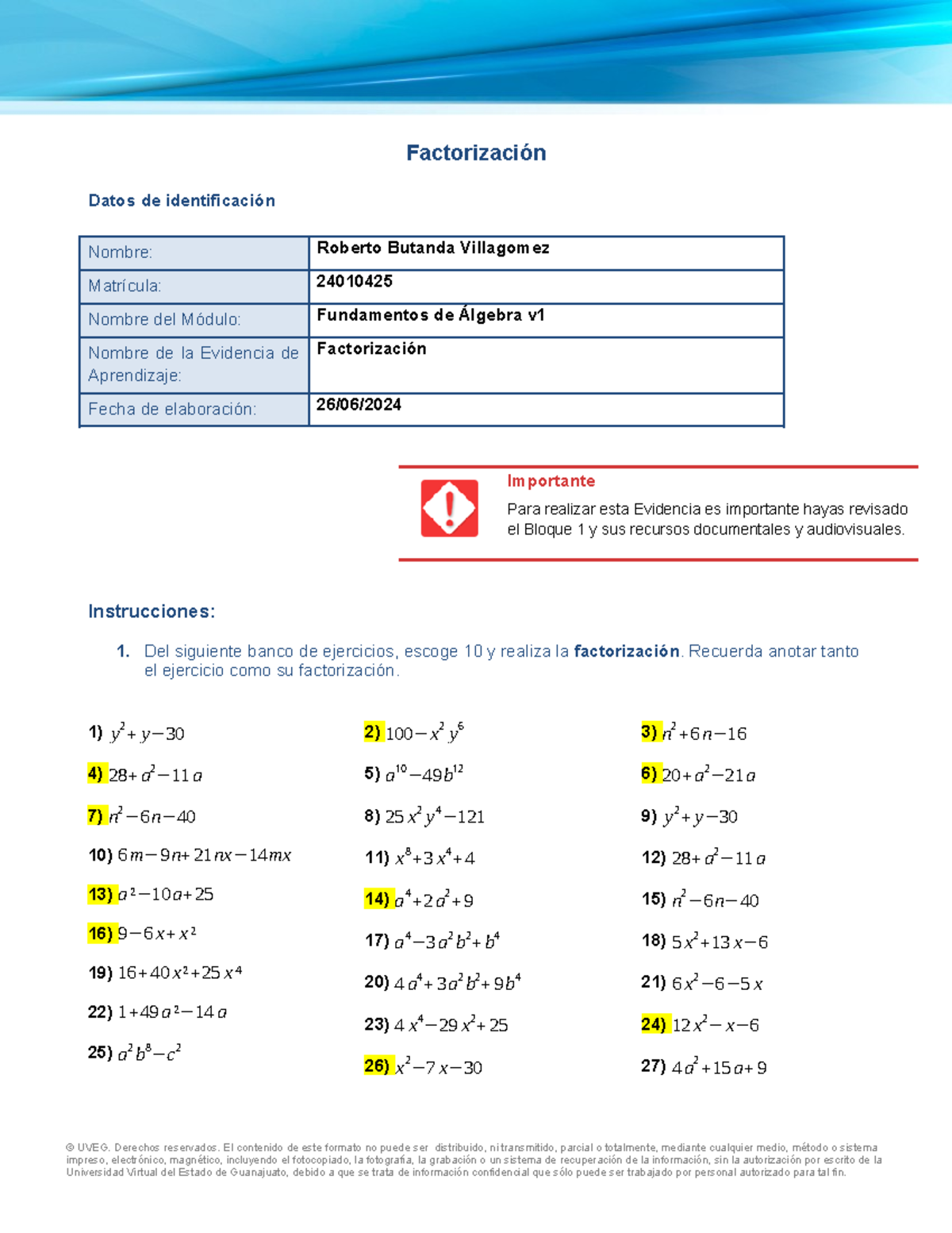 Butanda Roberto B1 EA1 Factorización - Factorización Datos de ...