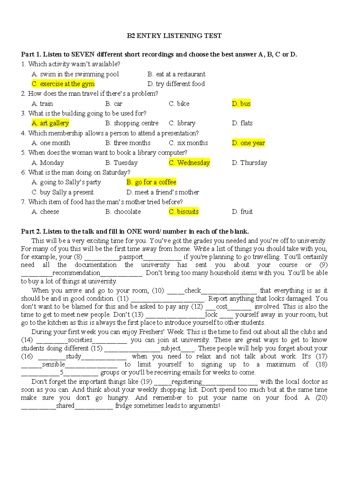B2 Entry Listening Test: Part 1 & 2 Practice Questions - Studocu
