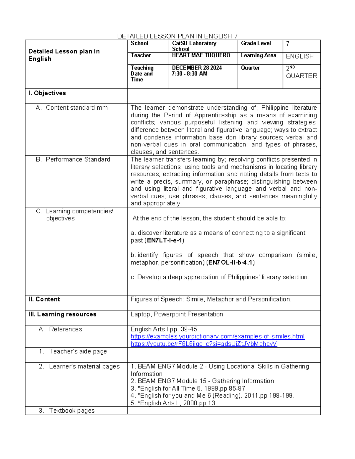 Detailed Lesson Plan: Figures of Speech in English 7 (Simile, Metaphor ...