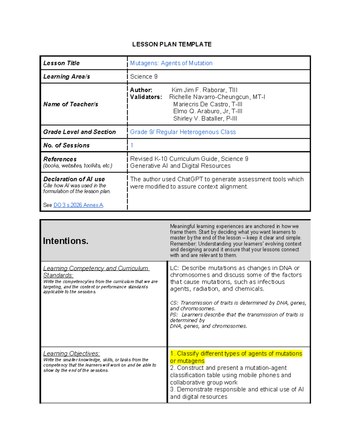 ILAW-Framework Guide: Lesson Plan on Mutagens in Science 9 - Studocu