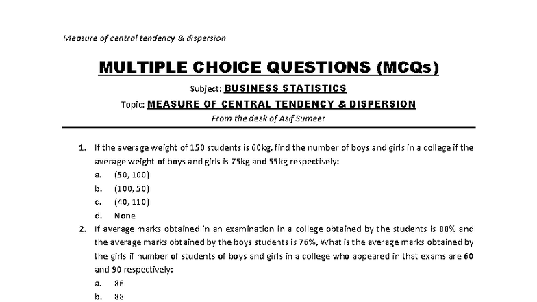 MCQ-Central Tendency n Dispersion - MULTIPLE CHOICE QUESTIONS (MCQs ...