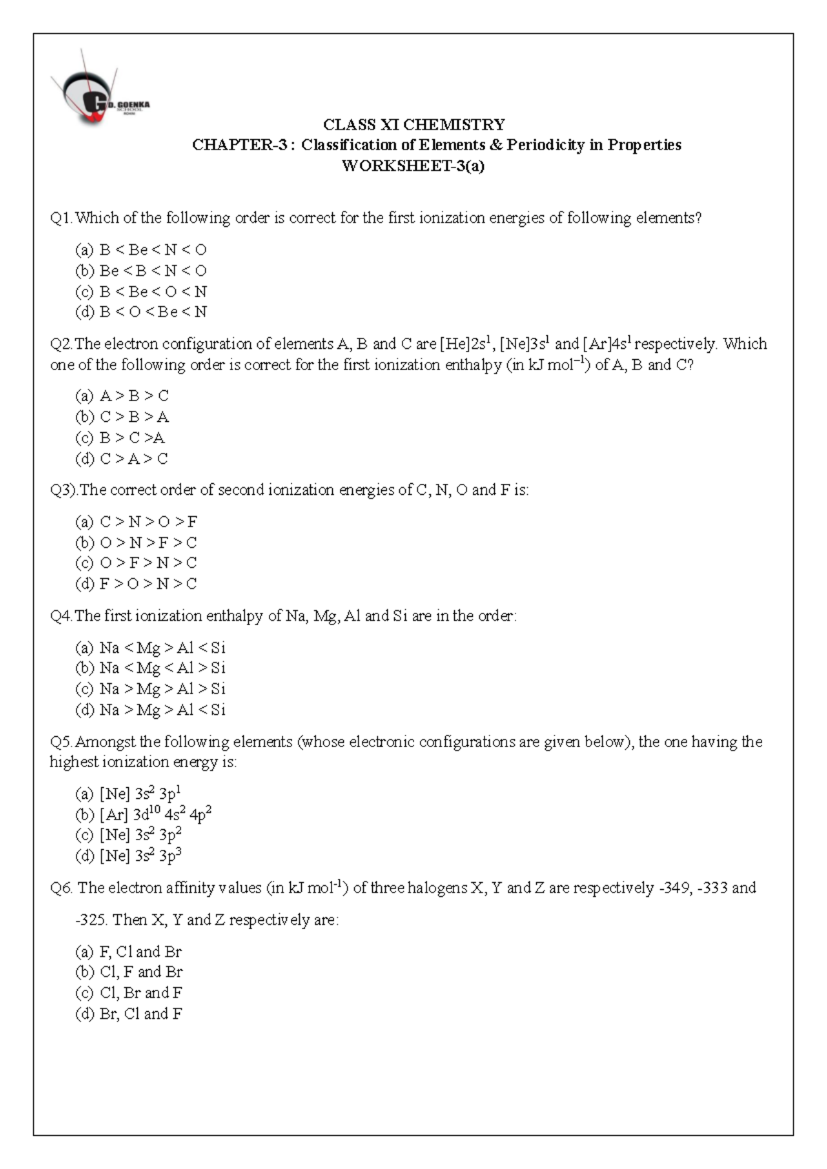 CLASS XI CHEMISTRY: Classification of Elements & Periodicity Q&A - Studocu