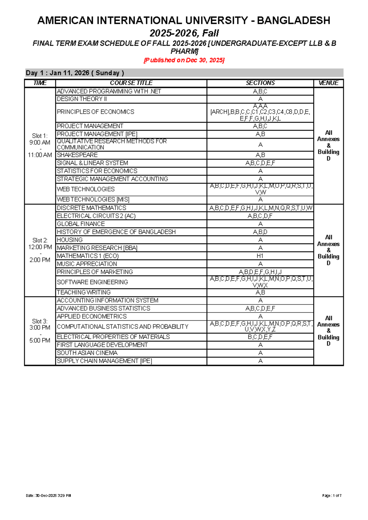 AIUB Fall 2025-2026 Final Term Exam Schedule (Undergraduate) - Studocu